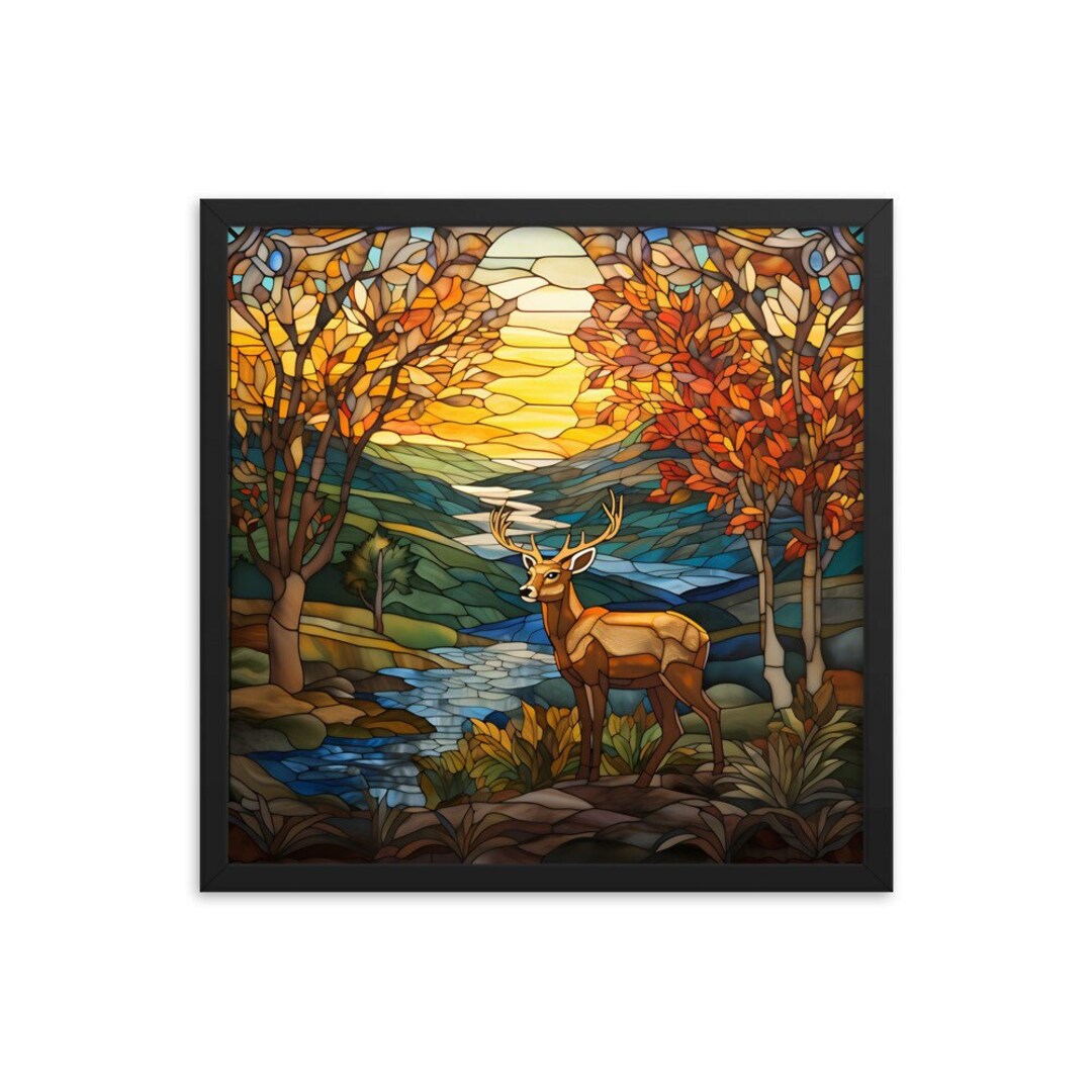Deer in Stained Glass Inspired Style Framed Paper Poster | Deer Wall ...
