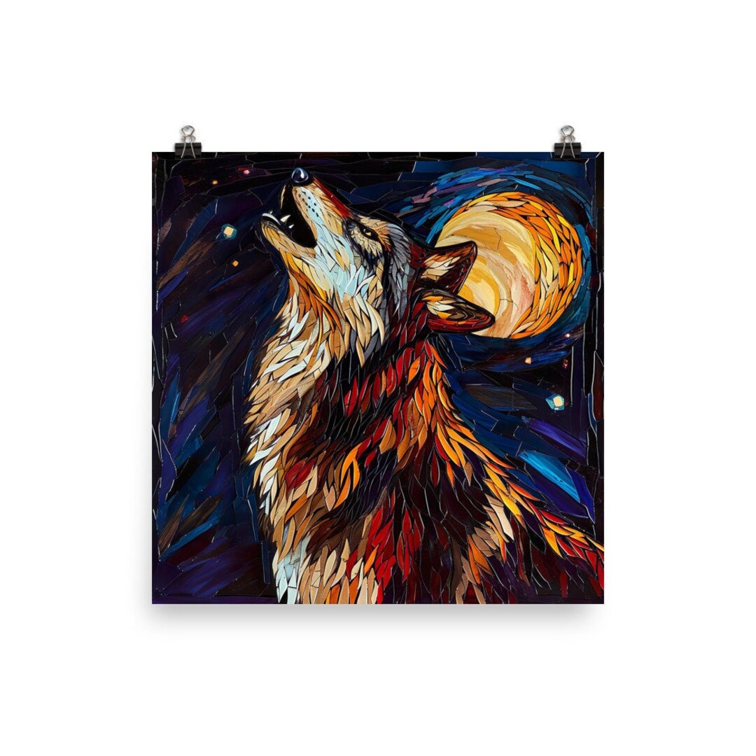 Howling Wolf Print Without Frame | Wolf Full Moon Print Stained Glass ...