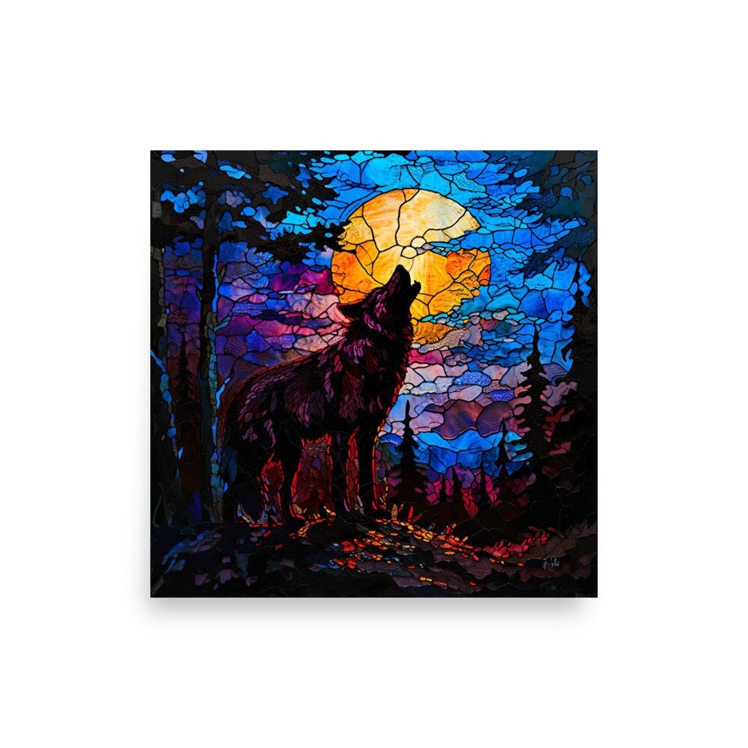 Howling Wolf Poster Without Frame in Stained Glass Style, Home Decor ...