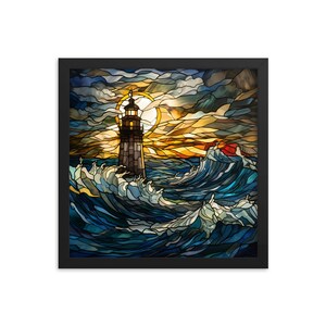 Lighthouse Wall Art Framed Paper Poster Ocean Waves Maritime Travel Art ...