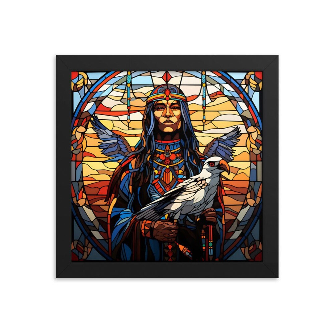 Sunset Reverie: Stained Glass Style Framed Poster Native American Chief ...