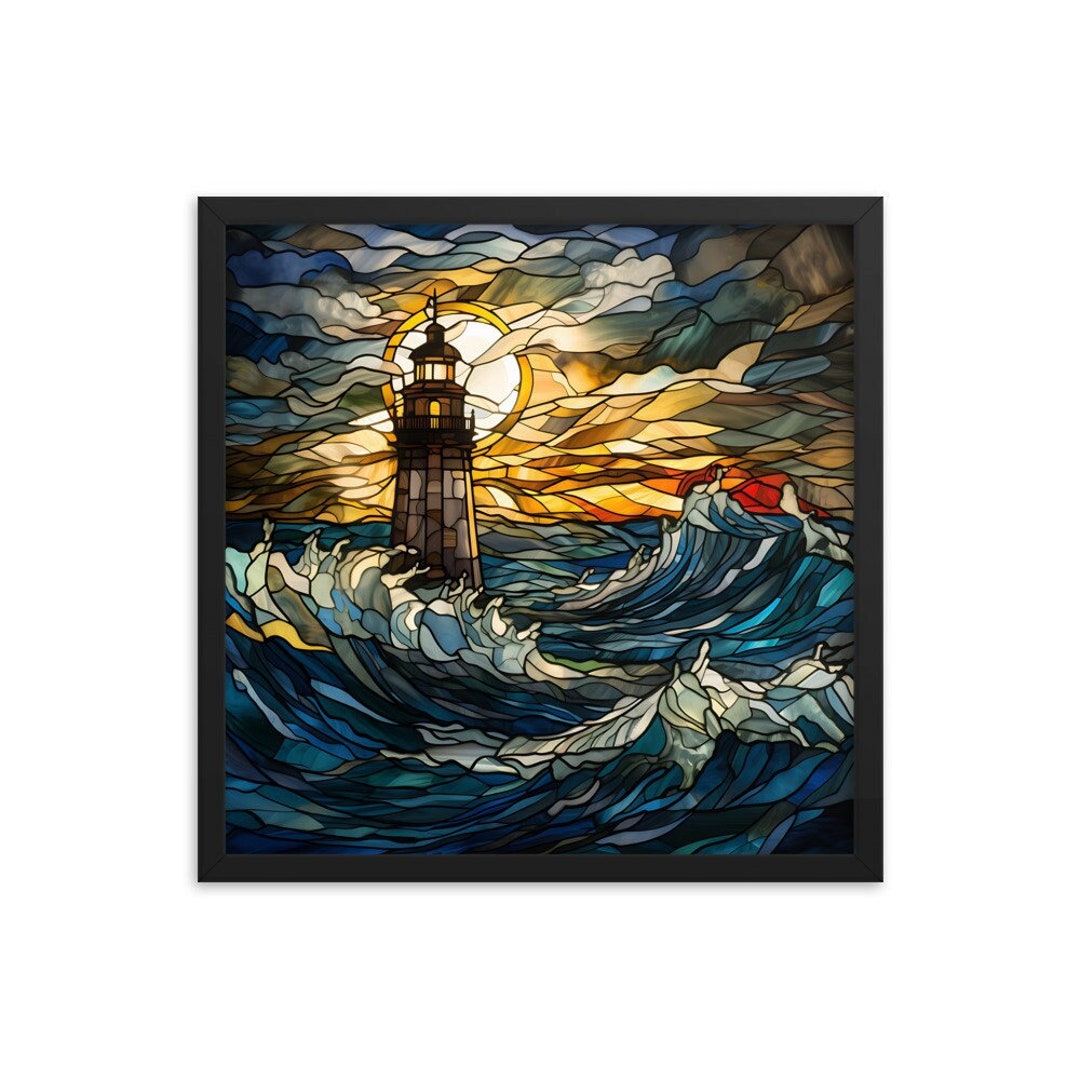 Lighthouse Wall Art Framed Paper Poster Ocean Waves Maritime Travel Art ...