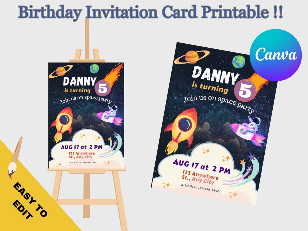 Outer Space Invitation Card Birthday, Digital Card Party, Easy Editable ...