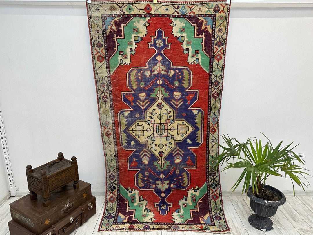 Red and Green Rug, 4.3x7.9 Ft, Vintage Rug, Handmade Oushak Rug ...