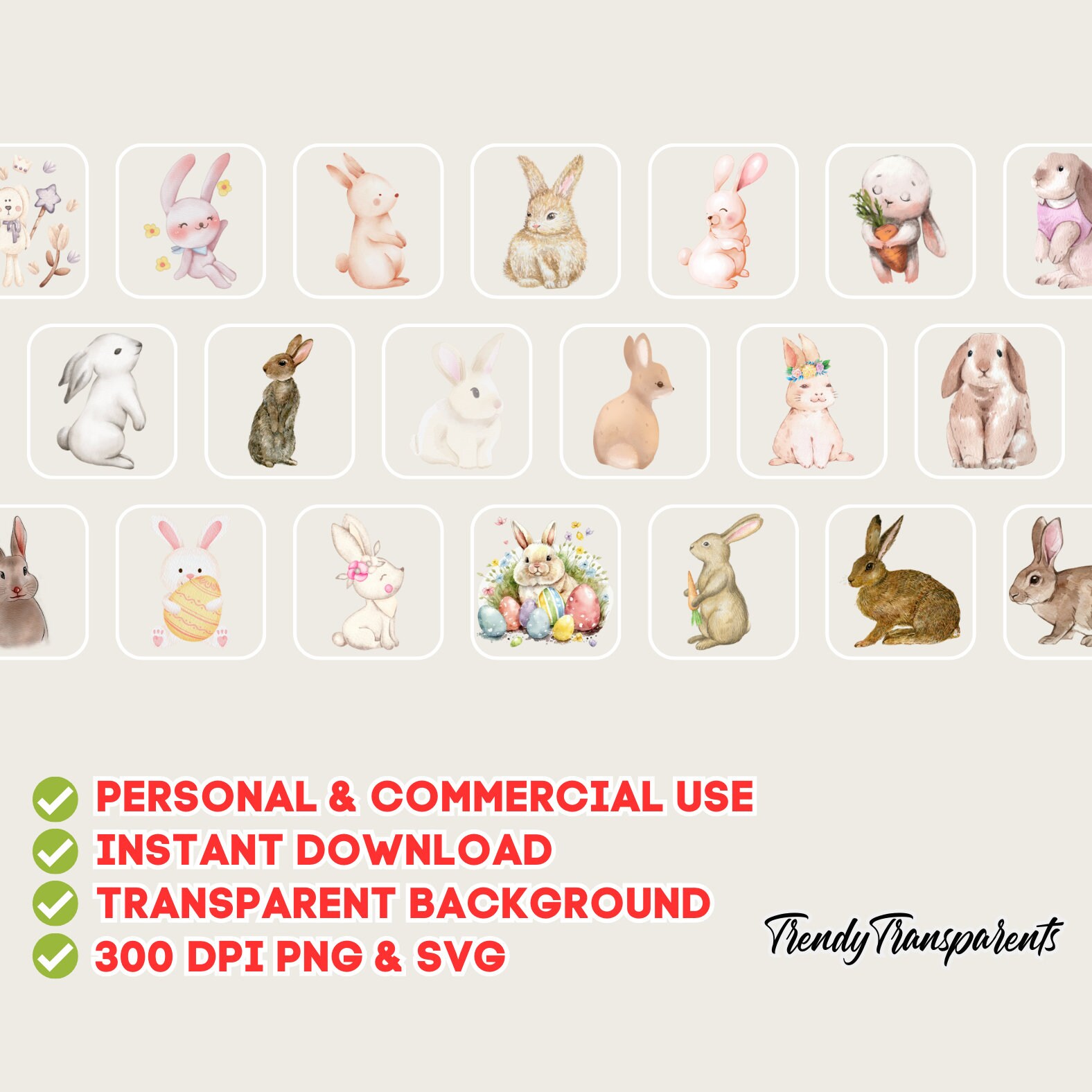Watercolor Rabbits and Bunnies Clipart Bundle - Digital SVG & PNG ...