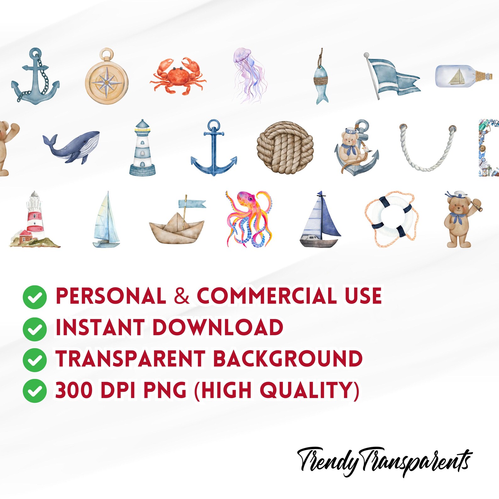 Watercolor Nautical Clipart Bundle - Digital PNG Graphics for Instant ...