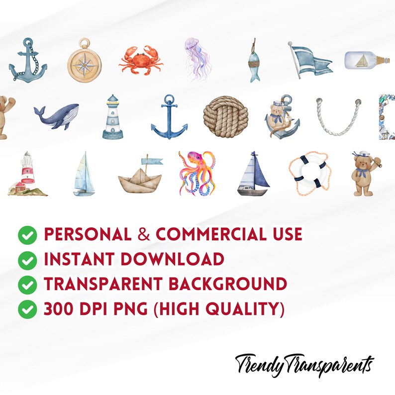 Watercolor Nautical Clipart Bundle - Digital PNG Graphics for Instant ...