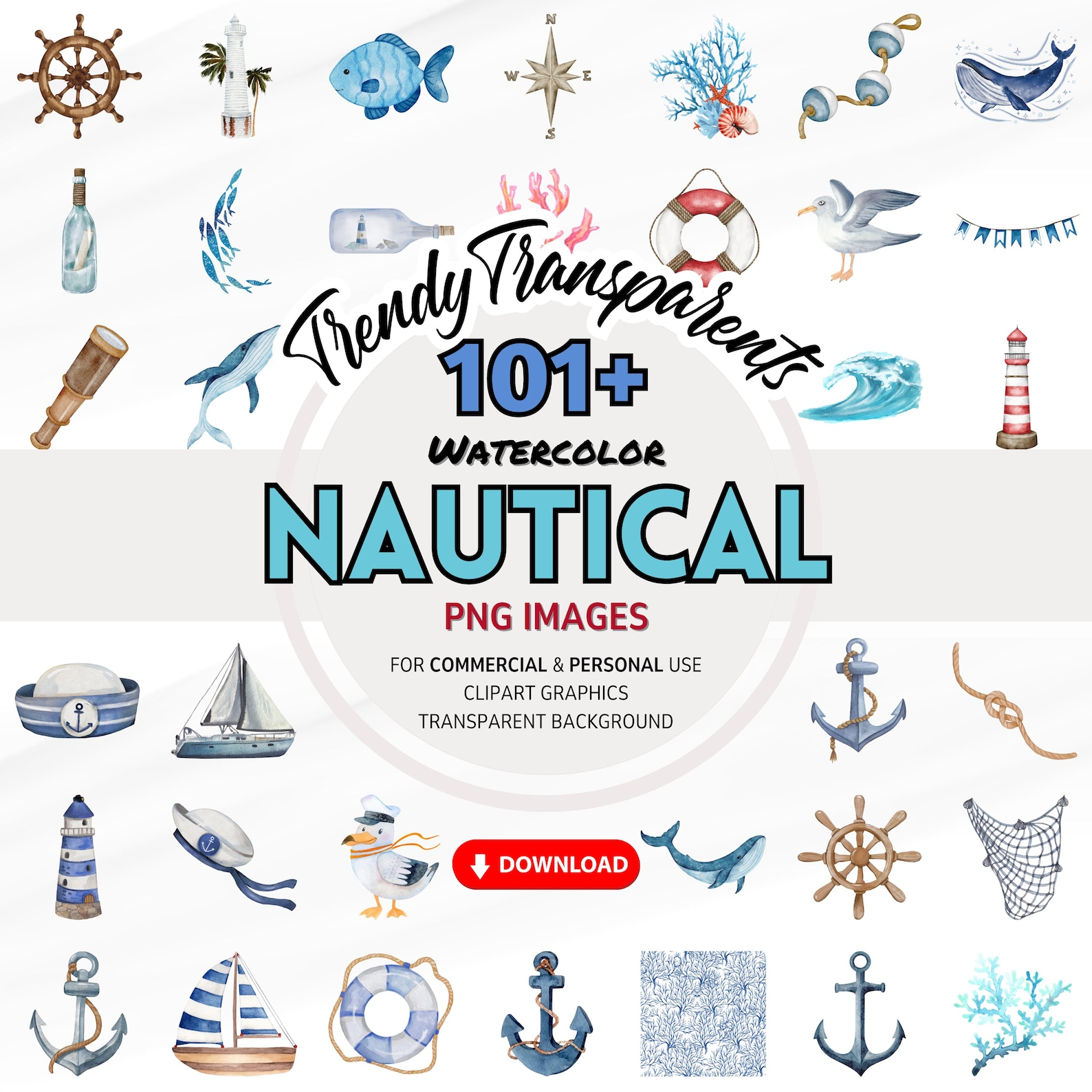 Watercolor Nautical Clipart Bundle - Digital PNG Graphics for Instant ...