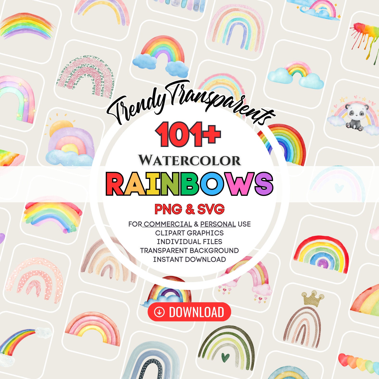 Watercolor Pastel Rainbow Clipart Bundle - Digital SVG & PNG Graphics for Instant Download ...