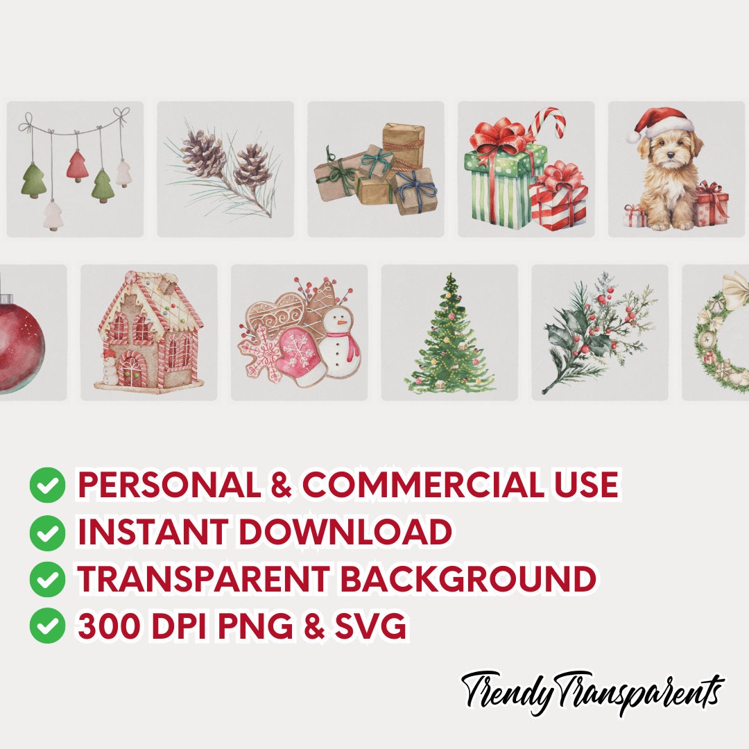 Watercolor Christmas Clipart Bundle - 101+ Digital SVG & PNG Graphics ...