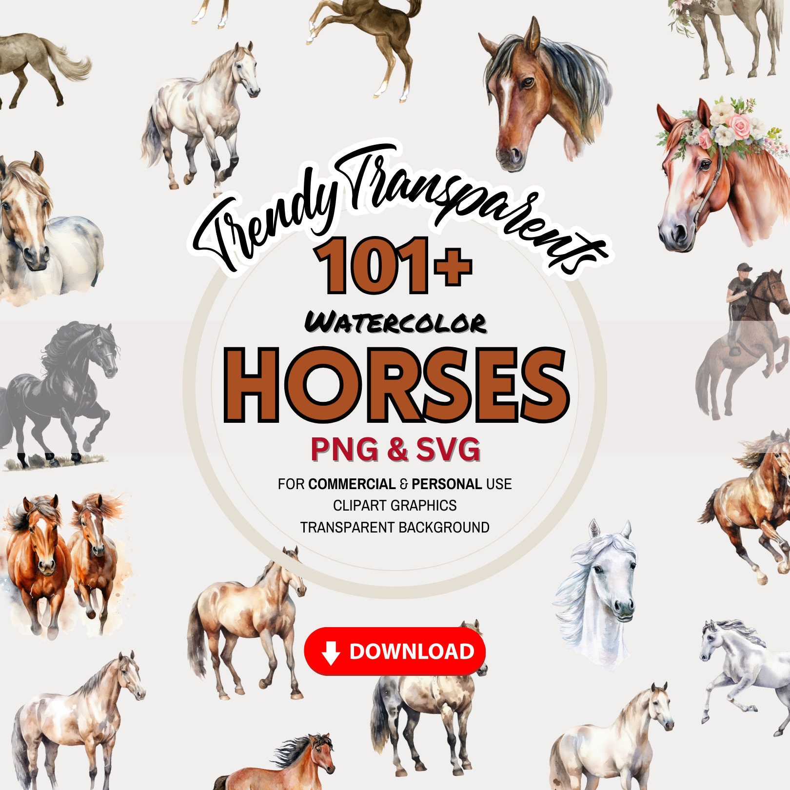 Watercolor Horse Clipart Bundle Digital SVG & PNG Graphics for Instant ...