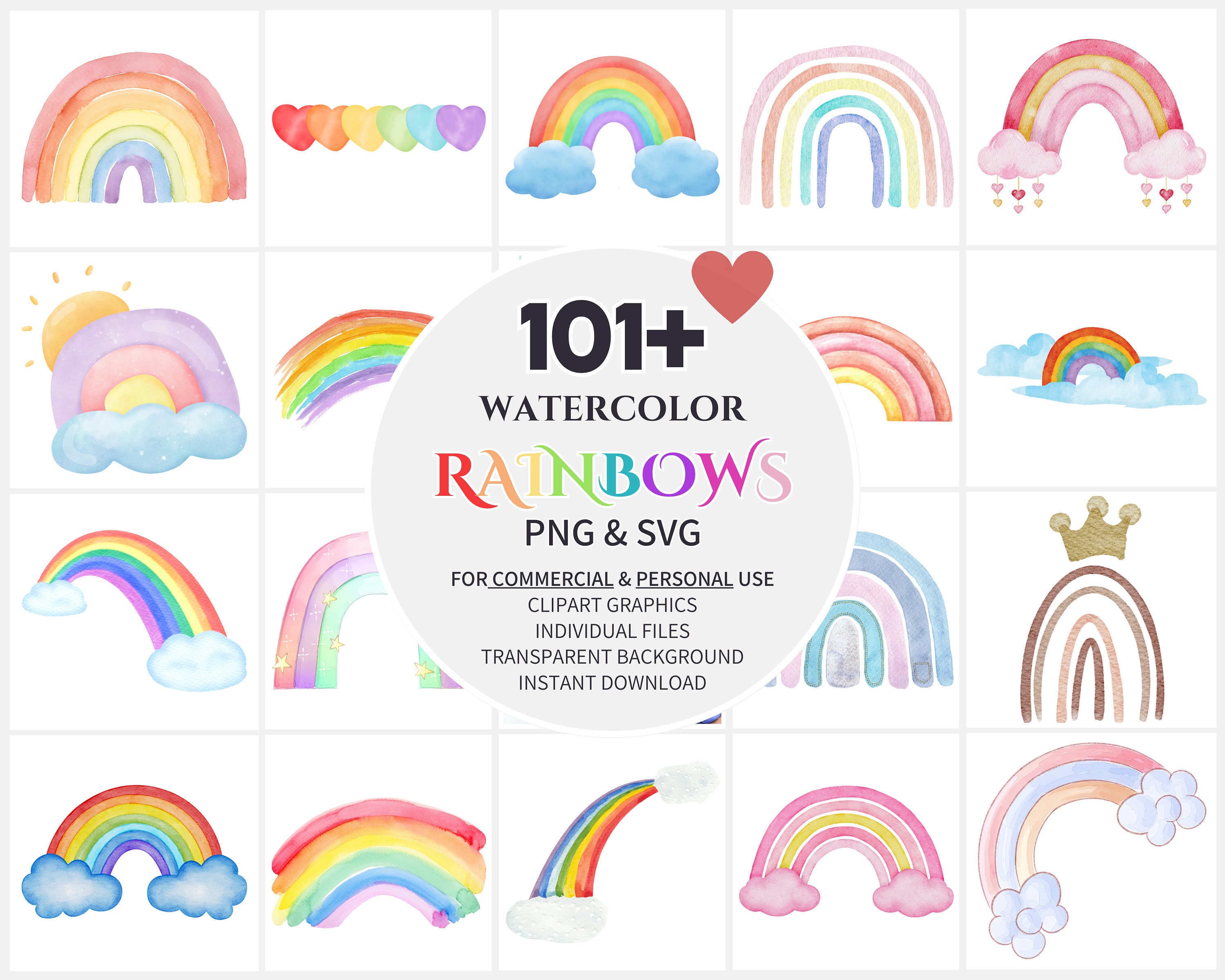 Watercolor Pastel Rainbow Clipart Bundle Digital SVG & PNG - Etsy
