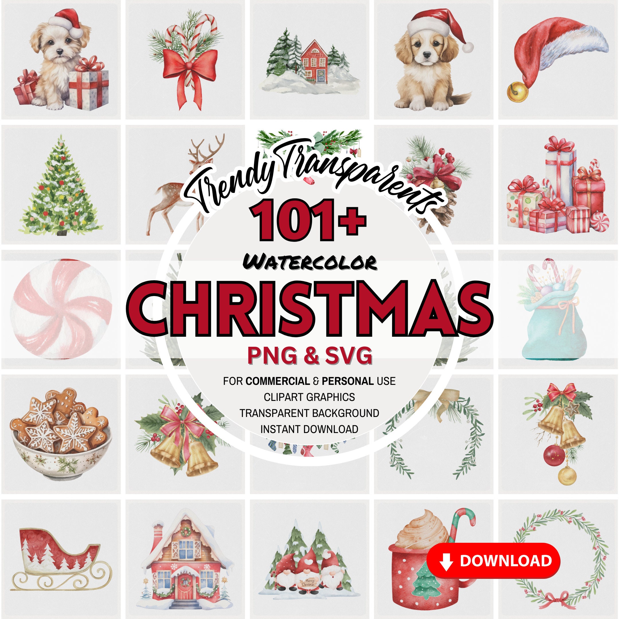 Watercolor Christmas Clipart Bundle - 101+ Digital SVG & PNG Graphics ...