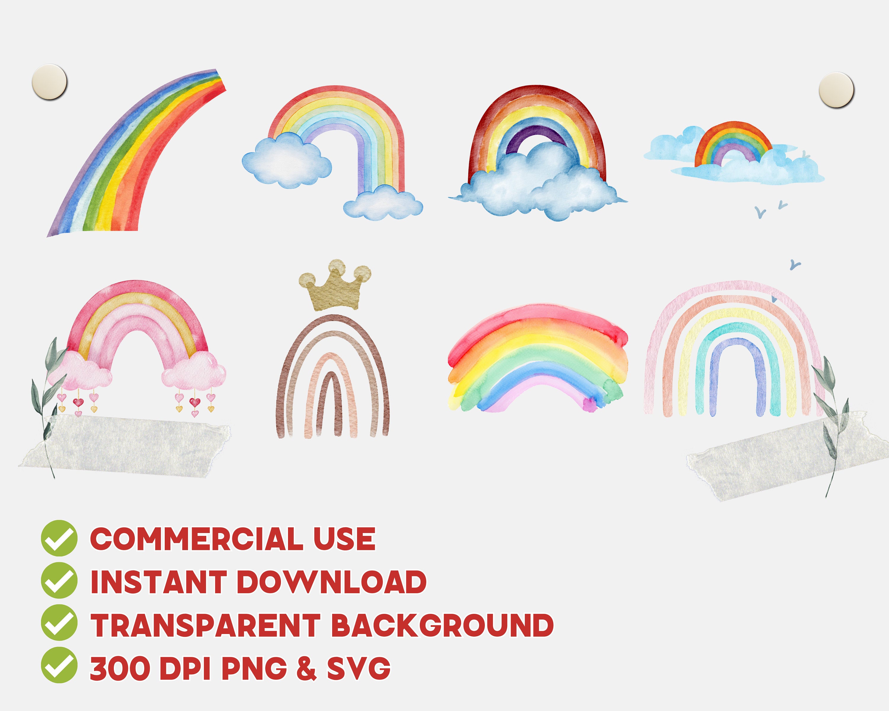 Watercolor Pastel Rainbow Clipart Bundle Digital SVG & PNG - Etsy