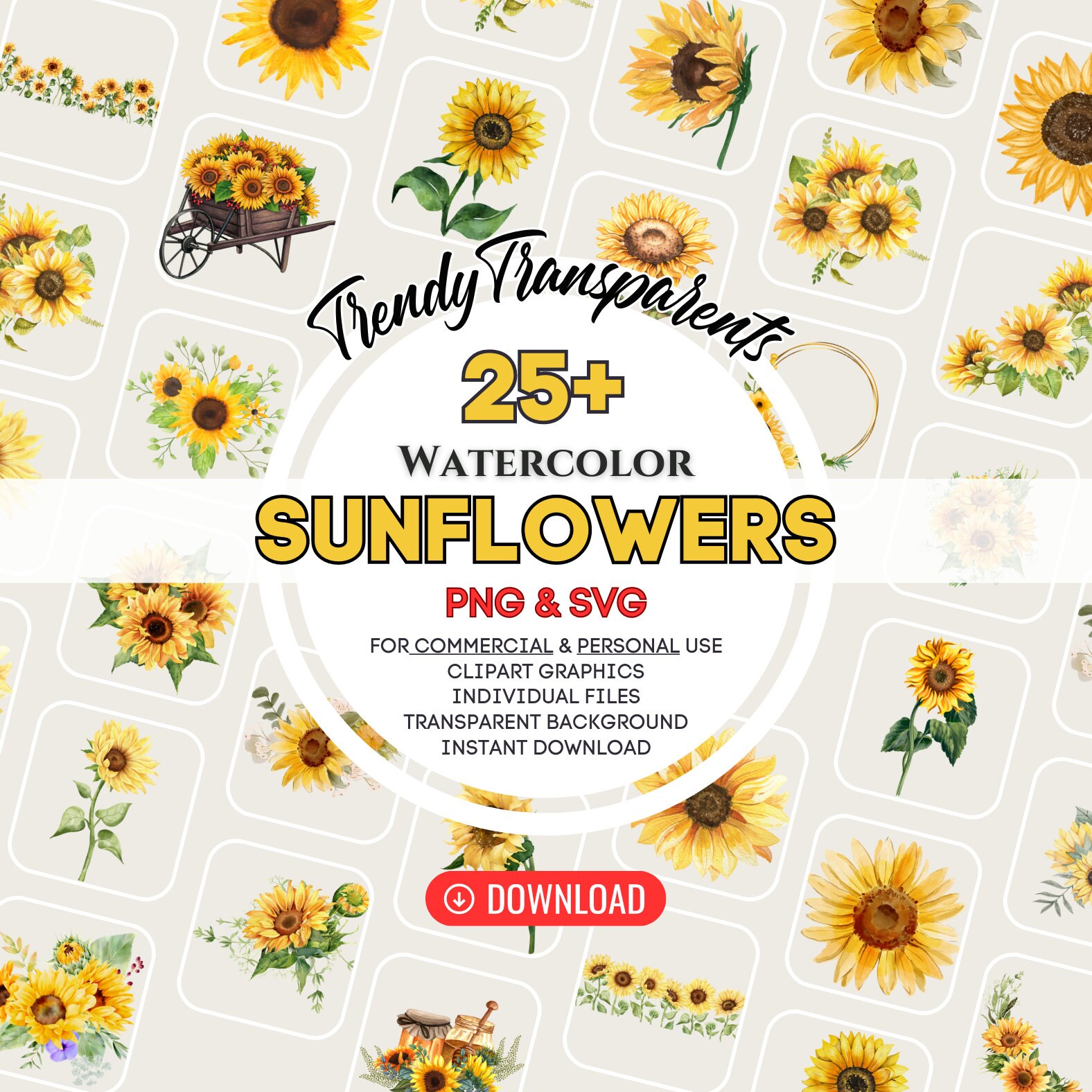 Watercolor Sunflowers Clipart Bundle - Digital SVG & PNG Graphics for ...