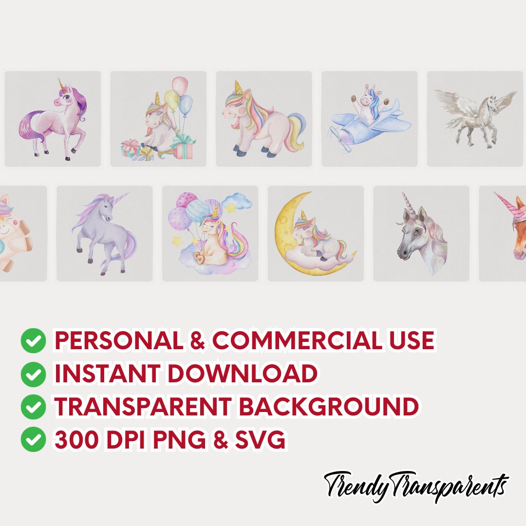 Watercolor Unicorn Clipart Bundle - Digital SVG & PNG Graphics for ...