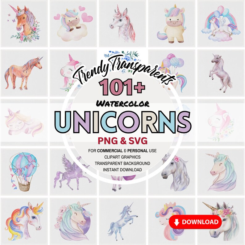 Watercolor Unicorn Clipart Bundle - Digital SVG & PNG Graphics for ...
