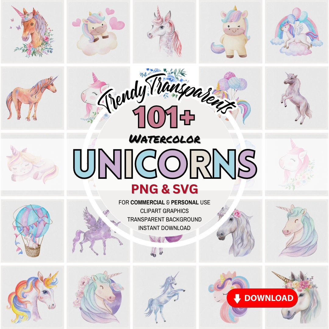 Watercolor Unicorn Clipart Bundle - Digital SVG & PNG Graphics for ...