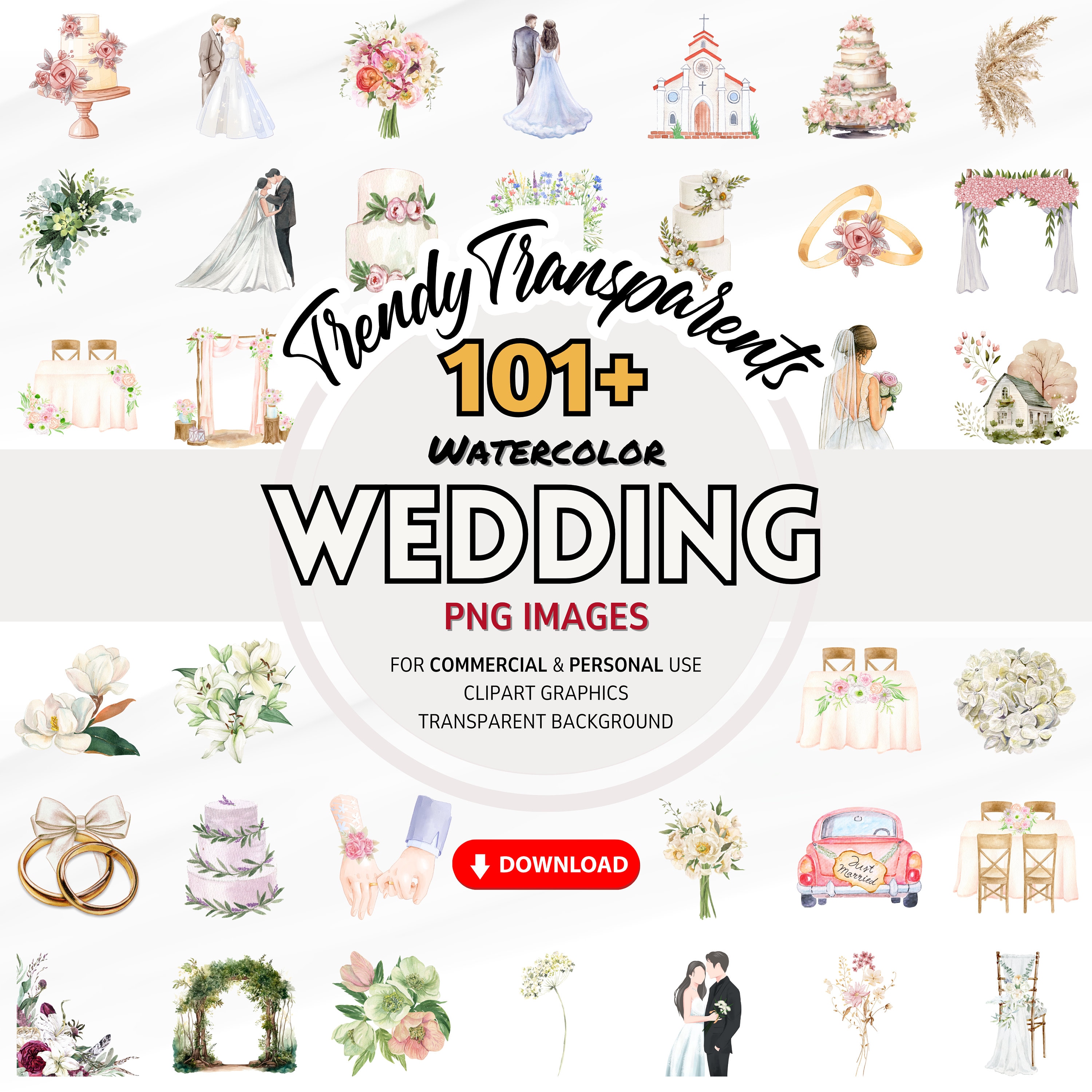 Watercolor Elegant Wedding Clipart Bundle - Digital PNG Graphics for ...