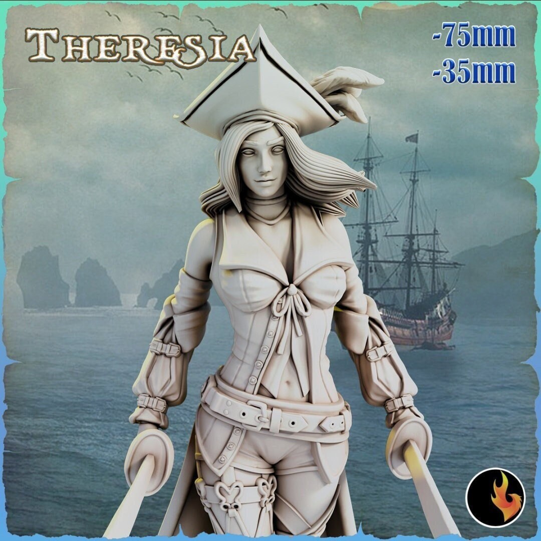 Theresia Pirate Human Female 8K D&d/pathfinder 32mm 75mm 100mm Miniature TTRPG Model Pirate ...