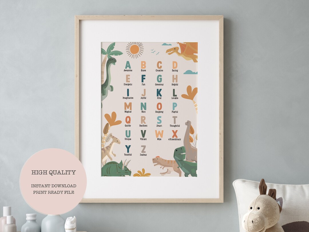 Dinosaur Alphabet A-Z Affirmation Adjectives Wall Art Nursery and Kids ...