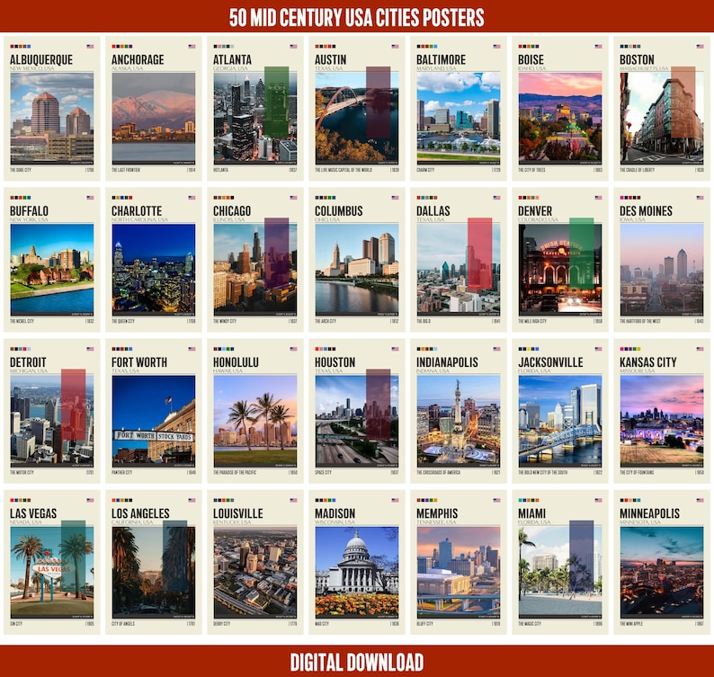 50 Mid Century USA Travel Posters Bundle, Retro City Skyline Printable ...