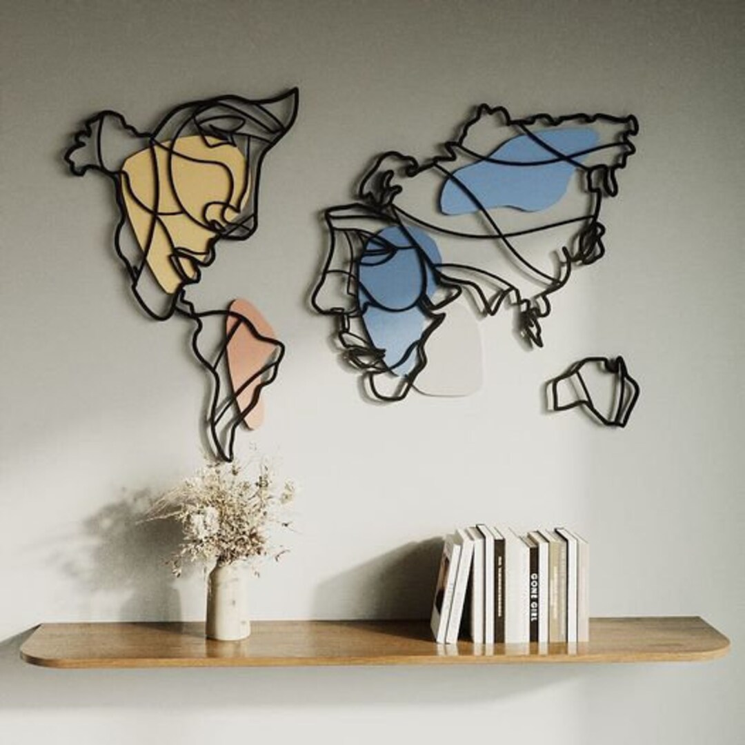 World Map Metal Wall, Faces of World Map, Colorful Metal Wall, Modern ...