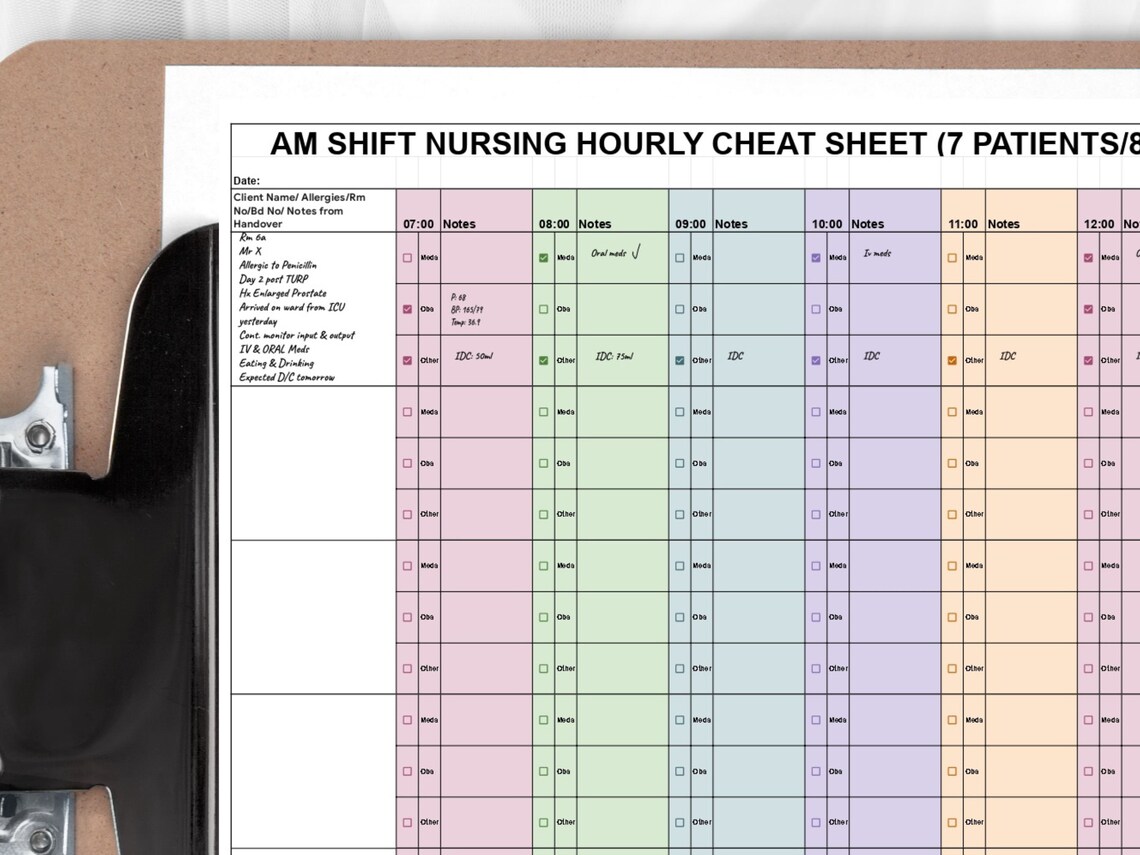 Nurses AM Shift Hourly Planner (7 Patients/8 Hours) With Room for Notes ...