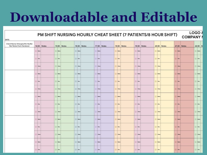 Nurses PM Shift Hourly Planner (7 Patients/8 Hours) With Room for Notes ...
