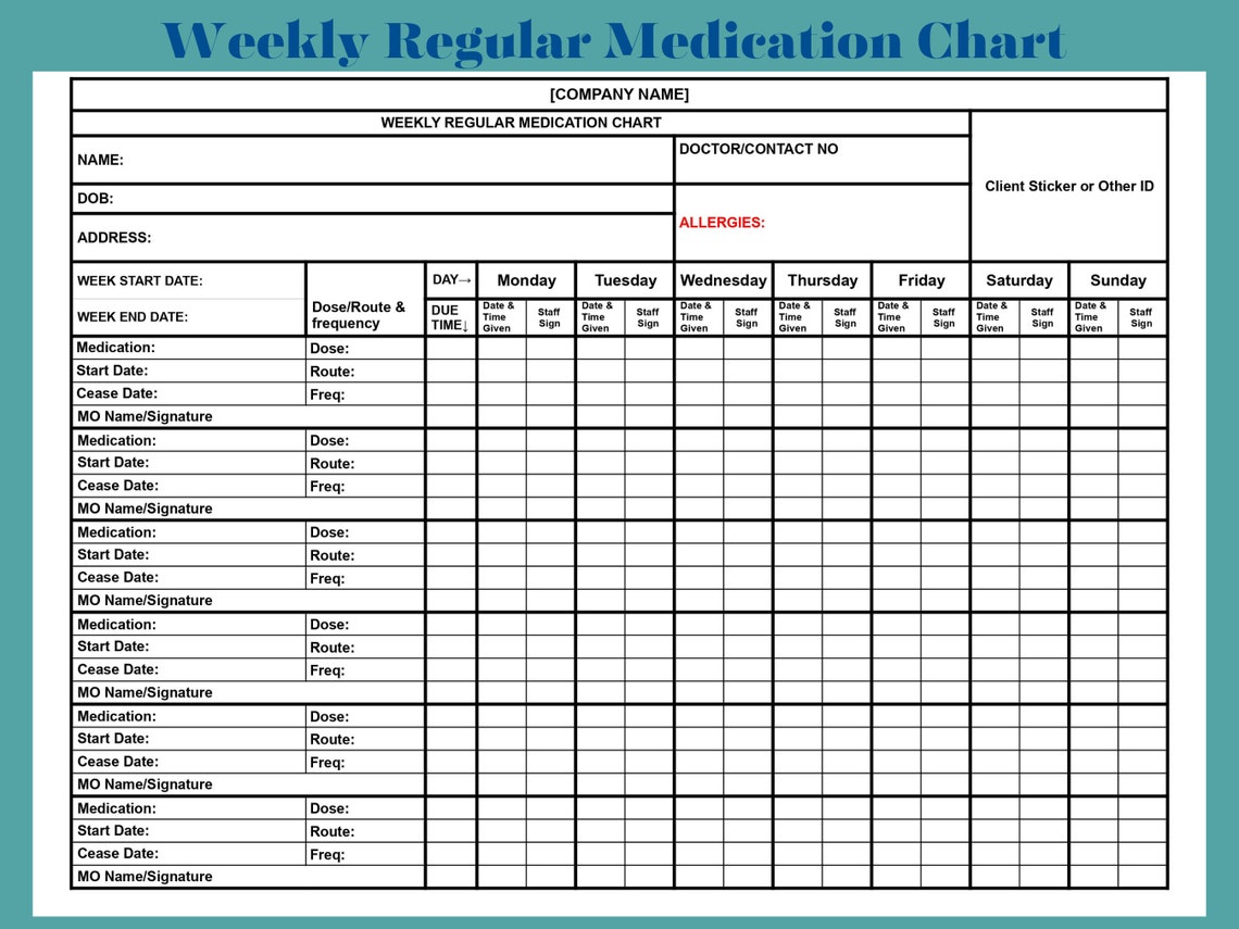 Weekly Regular Medication and PRN Medication Chart - Set of 2 Record of ...