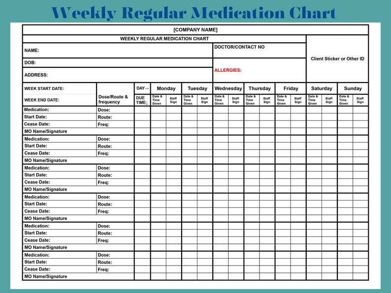 Weekly Regular Medication and PRN Medication Chart - Set of 2 Record of ...
