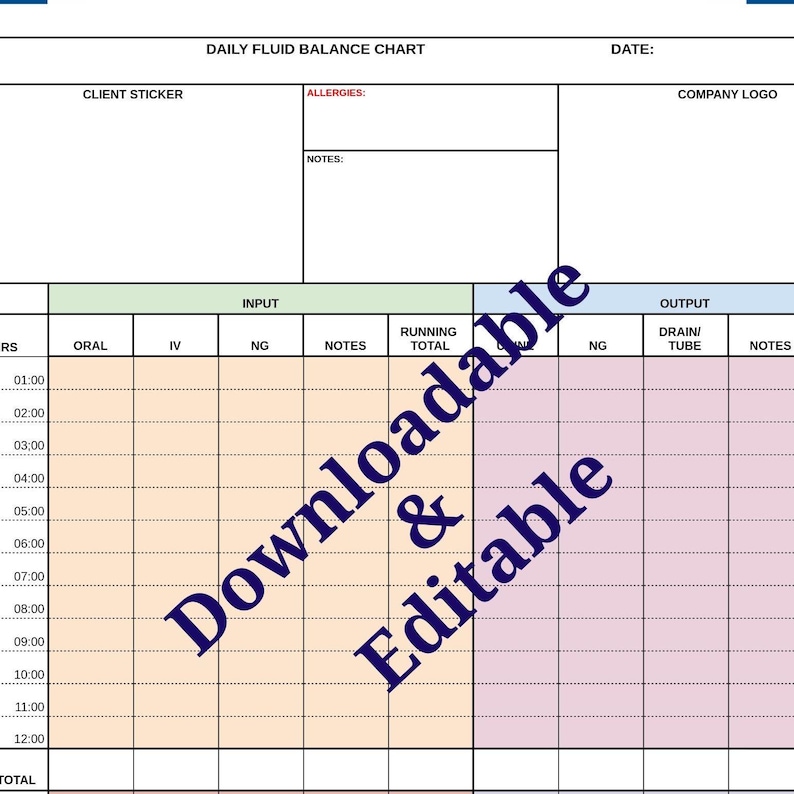Downloadable 24 Hour Fluid Balance (input/output) Chart for Community ...