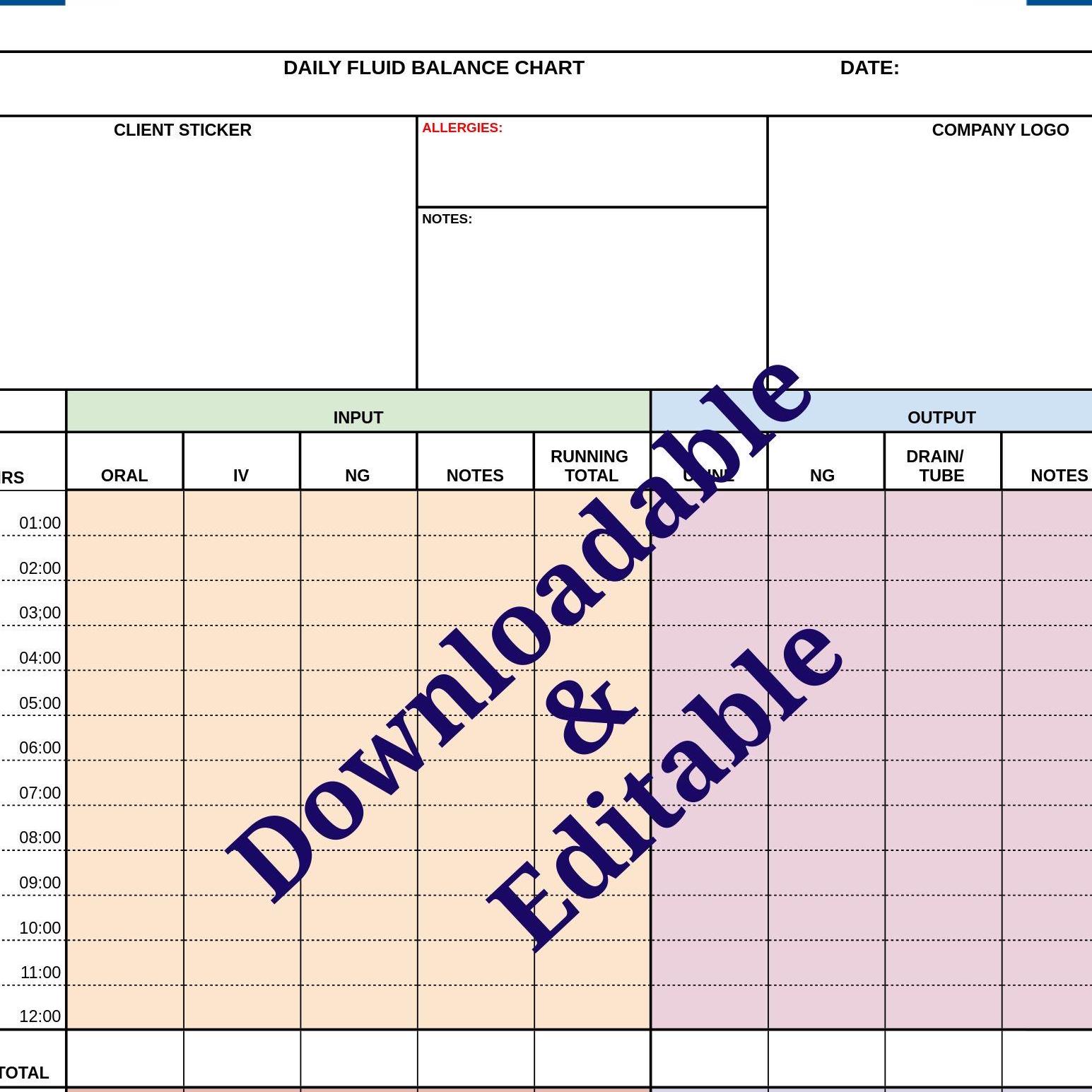 Downloadable 24 Hour Fluid Balance (input/output) Chart for Community ...
