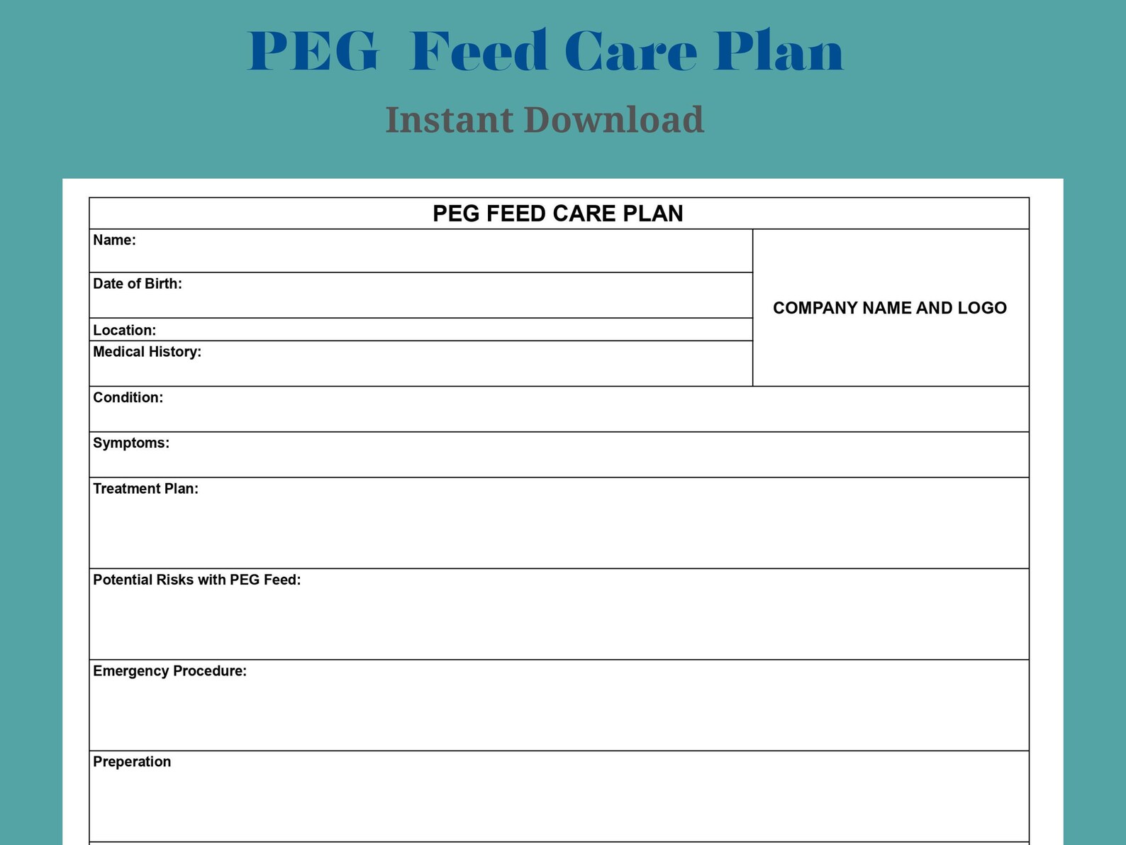 PEG Feed Care Plan Template Downloadable for Ndis/aged Care/disability ...