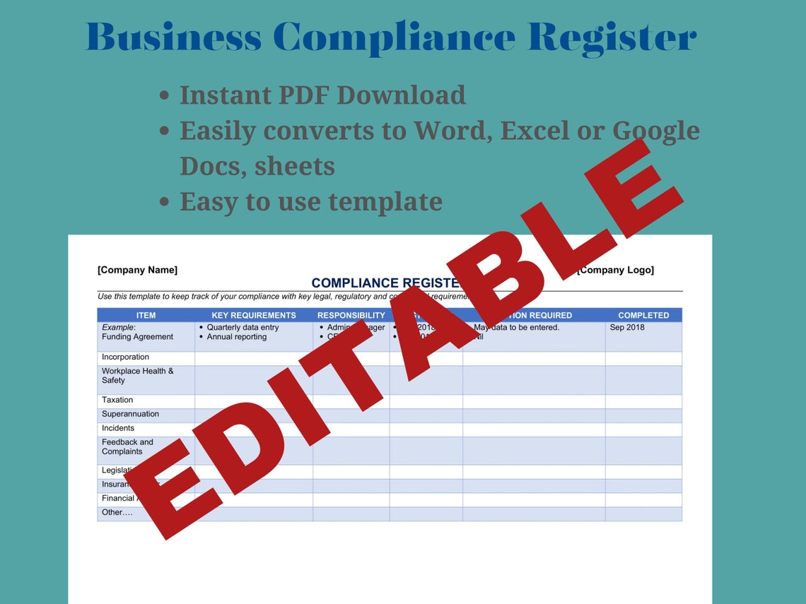 Business Compliance Register Template Instant Download Pdf - Etsy