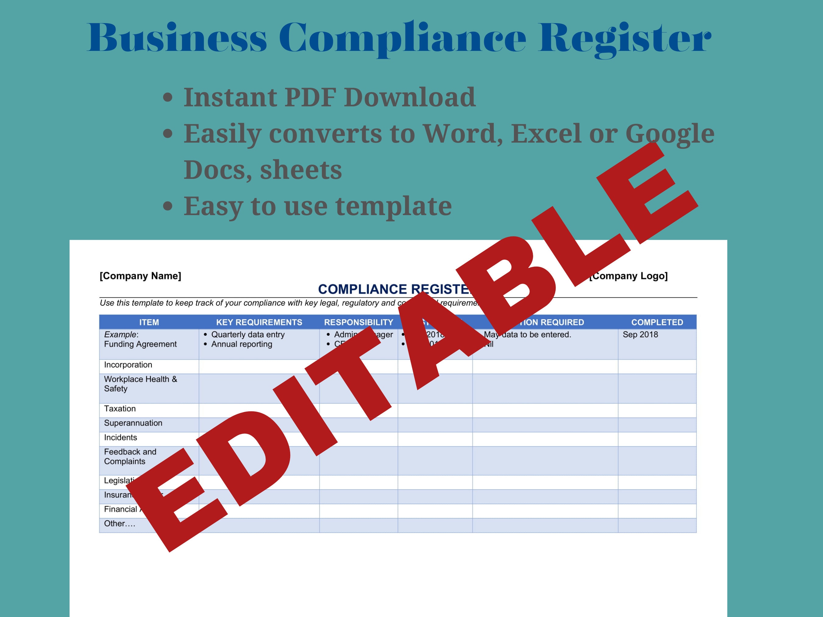 Business Compliance Register Template Instant Download Pdf - Etsy