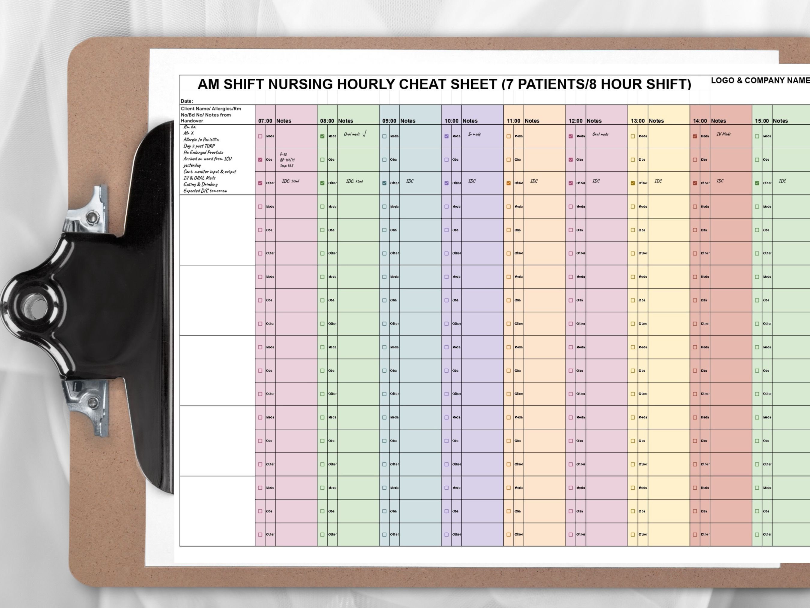 Nurses AM Shift Hourly Planner (7 Patients/8 Hours) With Room for Notes ...