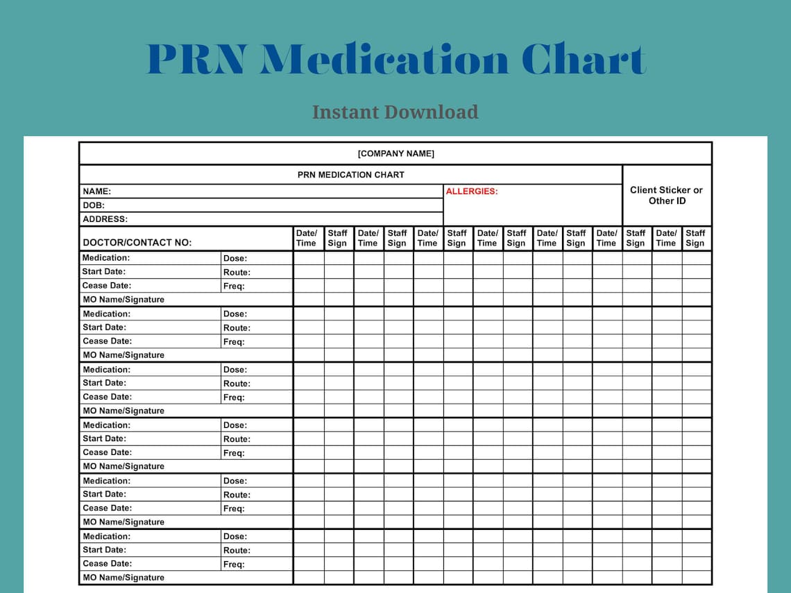 Weekly Regular Medication and PRN Medication Chart - Set of 2 Record of ...