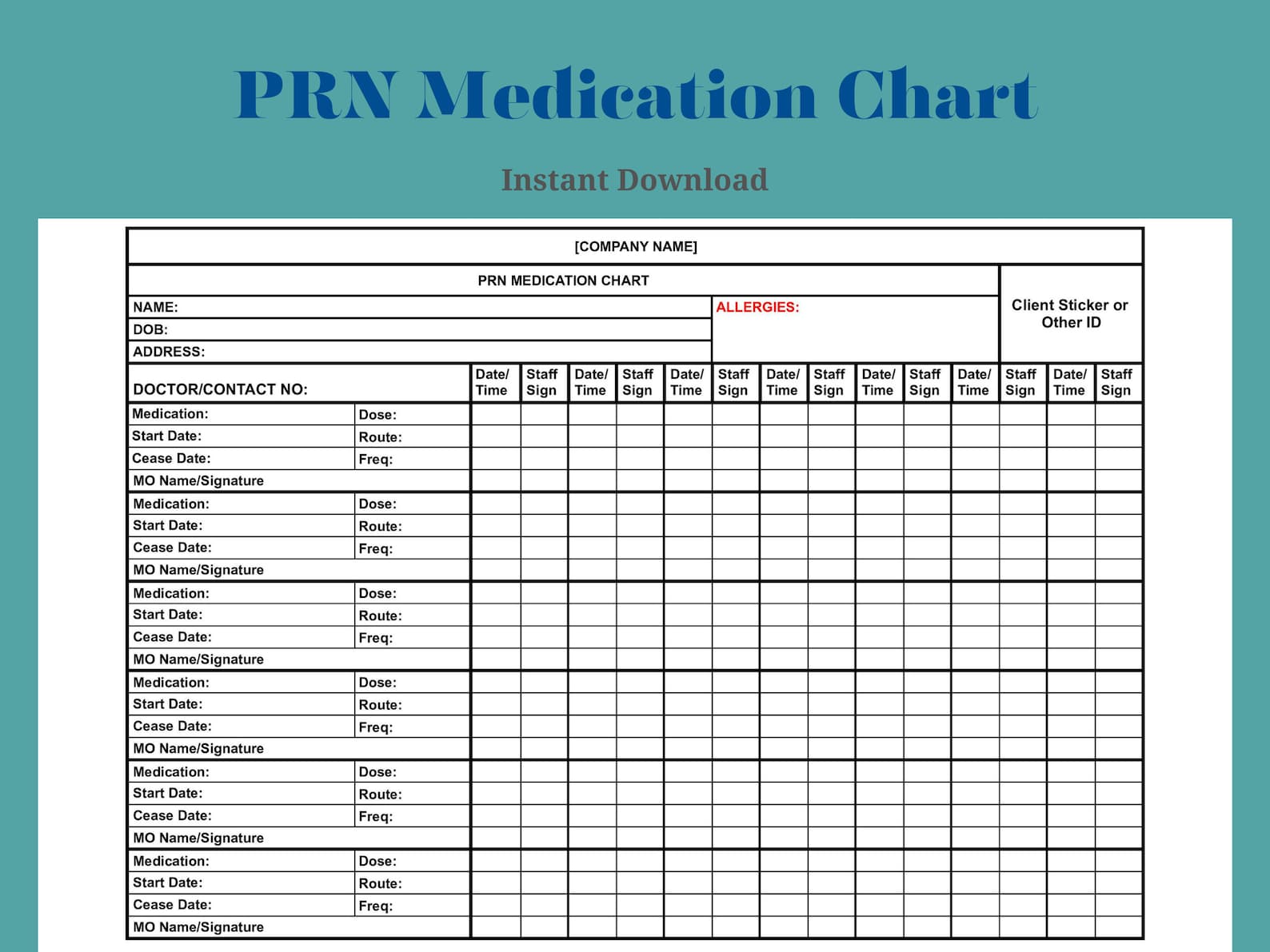 Weekly Regular Medication and PRN Medication Chart - Set of 2 Record of ...