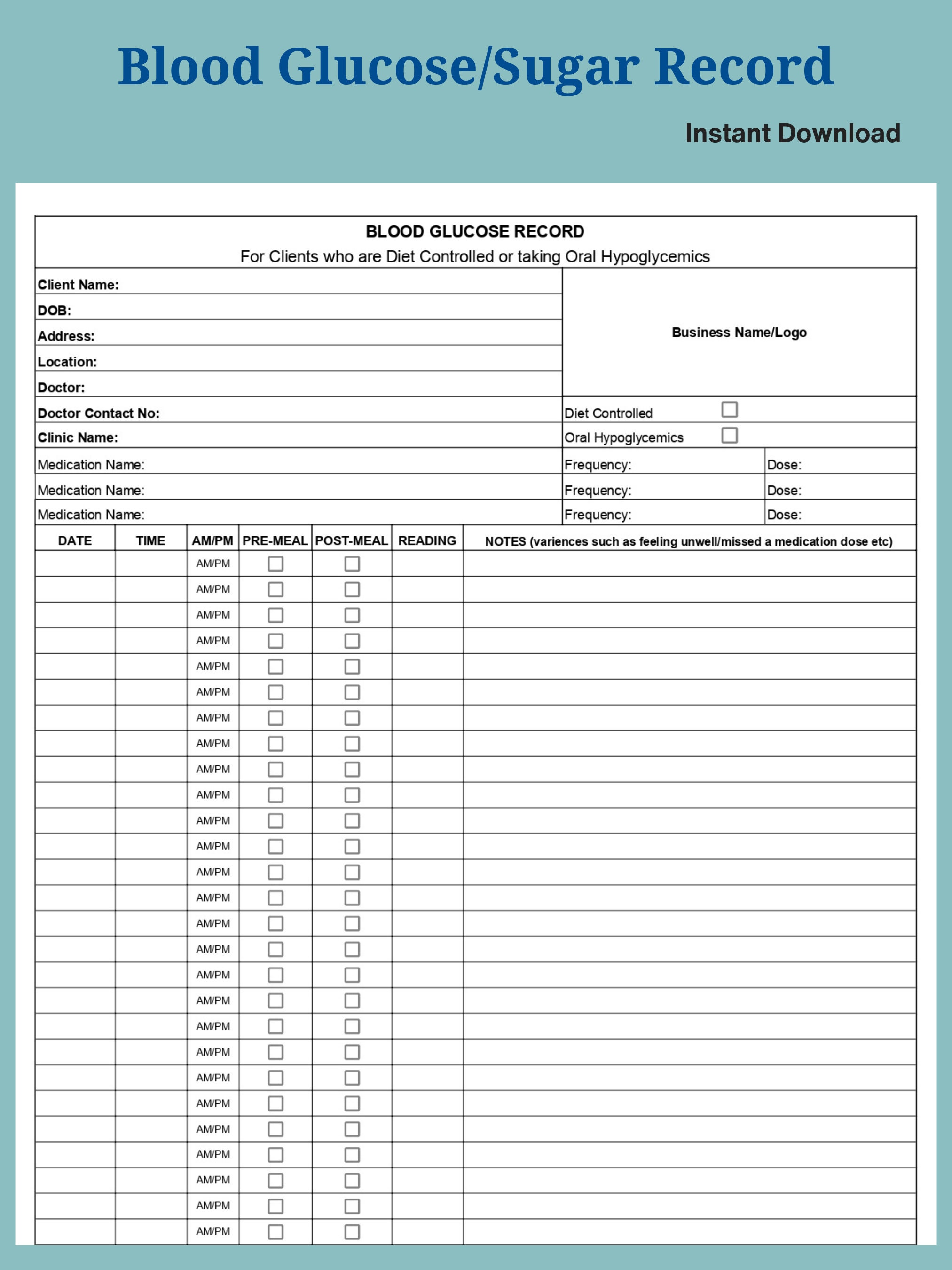 Blood Sugar/glucose Record for Monitoring BGL/BSL - Etsy