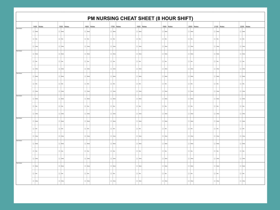 Nurses PM Shift Cheat Sheet With Room for Notes so Writing in - Etsy