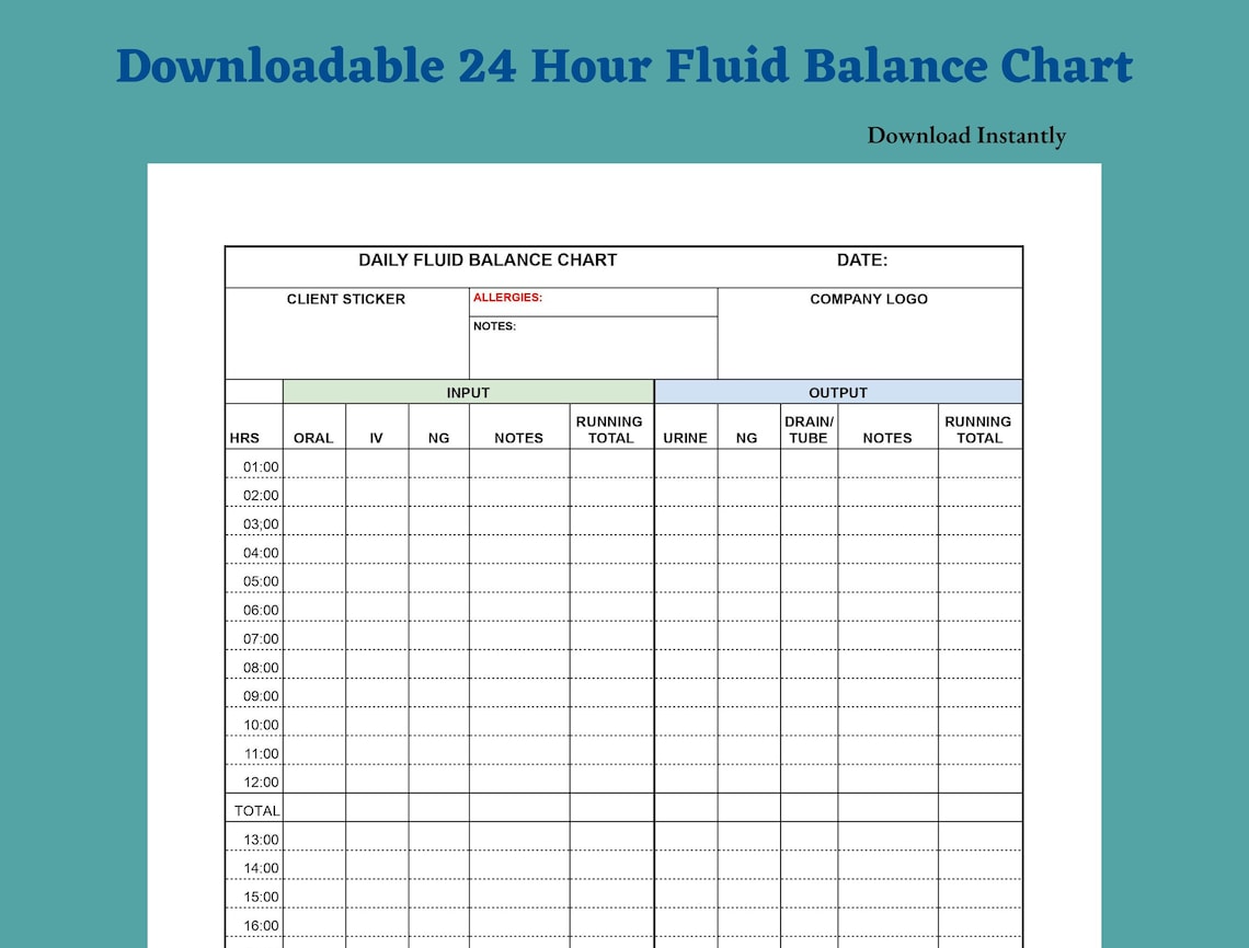Downloadable 24 Hour Fluid Balance Chart - Etsy