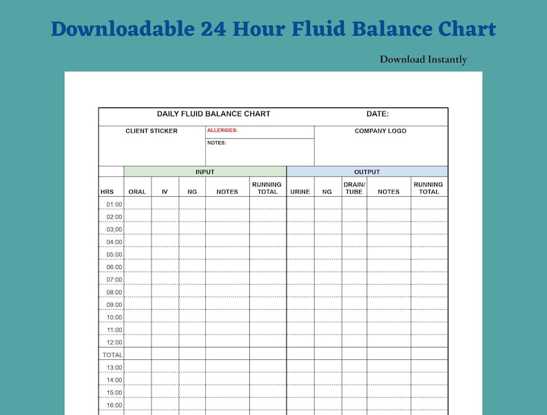 Downloadable 24 Hour Fluid Balance Chart - Etsy