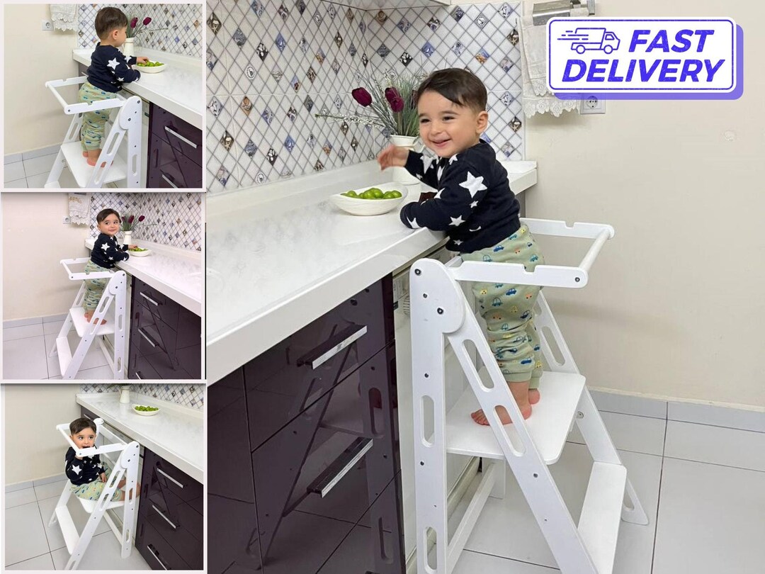 Childs Folding Wooden Step Stool, Adjustable Toddler Tower Foldable ...