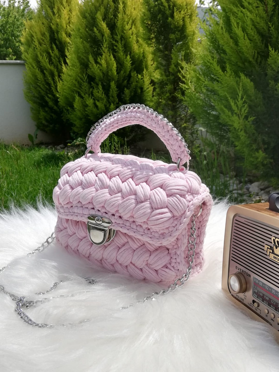 Pink Bag, Crochet Bag, Ladies Bag, Shoulder Bag, Chain Clutch Bag ...