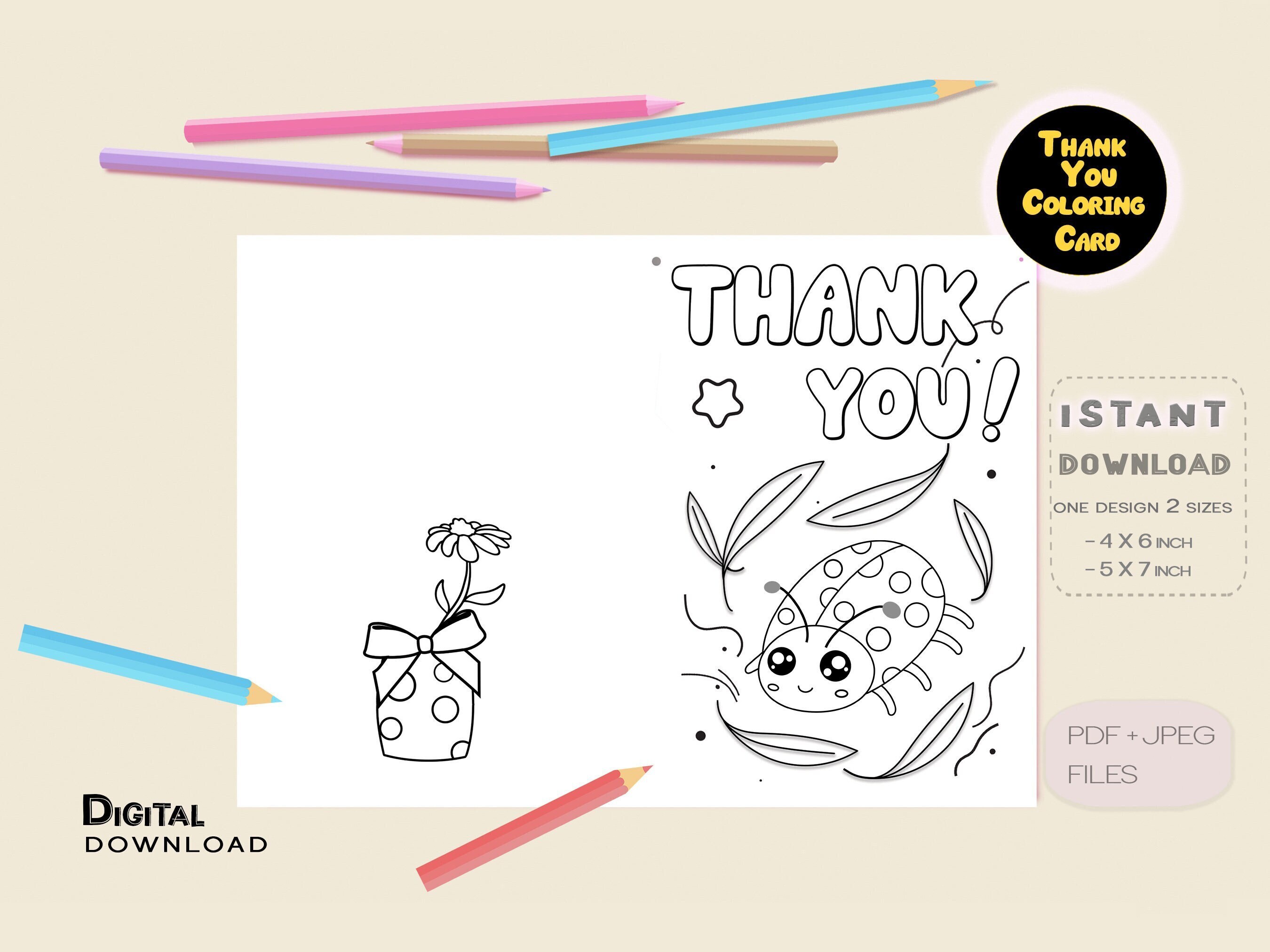 Digital Ladybug Thank You Coloring Card, Kid Coloring Greeting Card ...