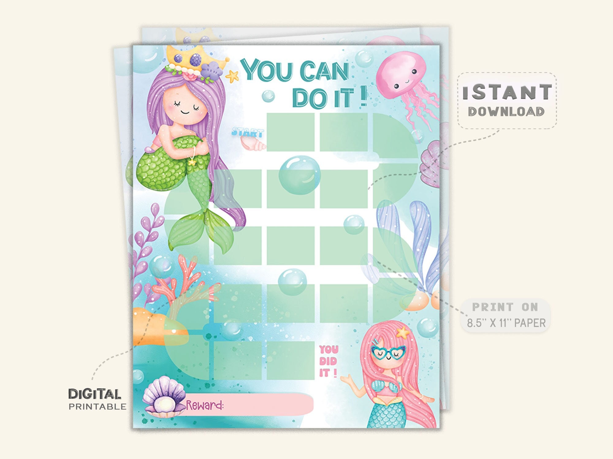 Printable Mermaid Reward Chart, Princess Behavior Chart, Kids Daily ...