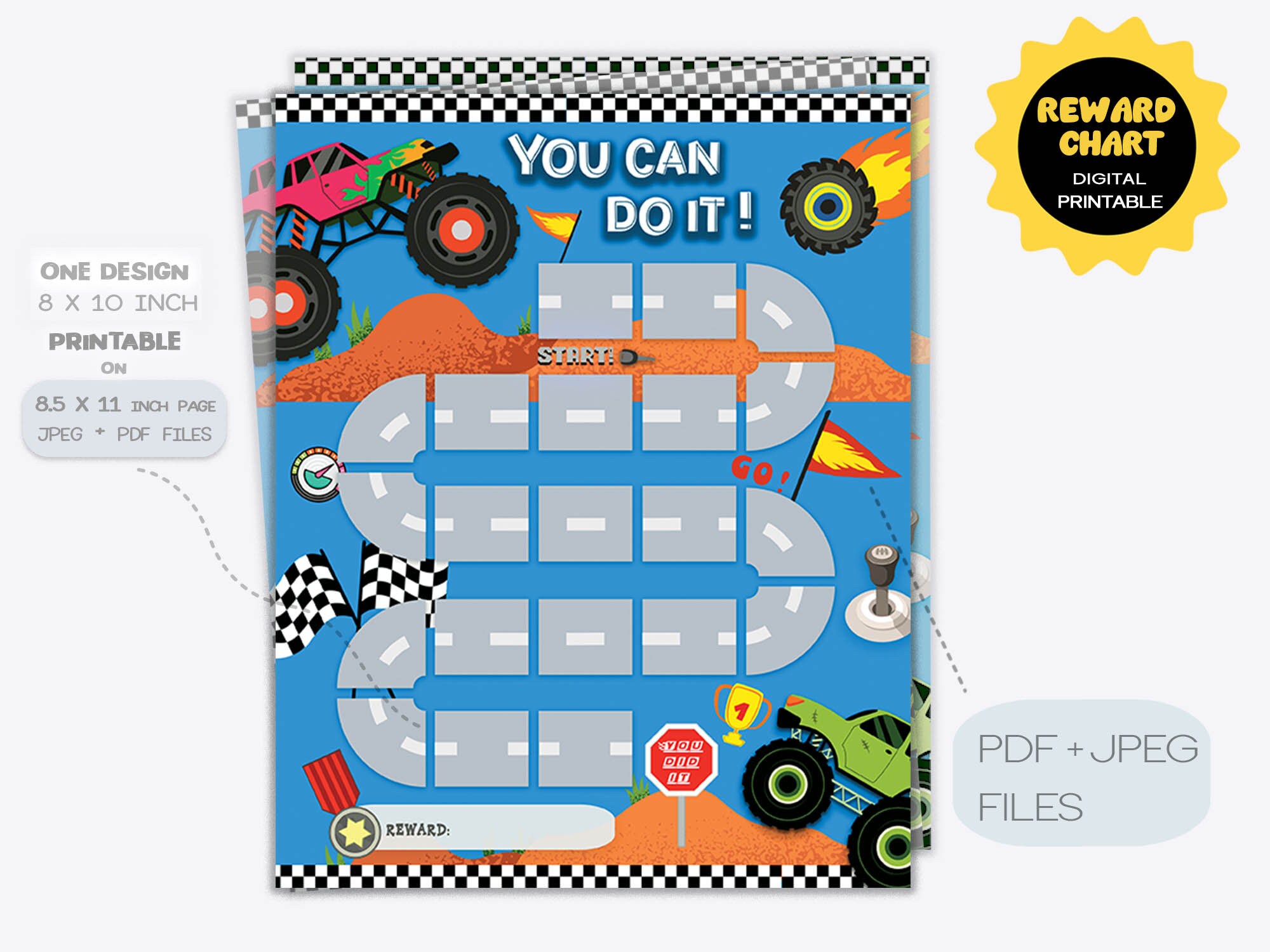 Printable Monster Truck Reward Chart, Racing Car Kids Behavior Chart ...