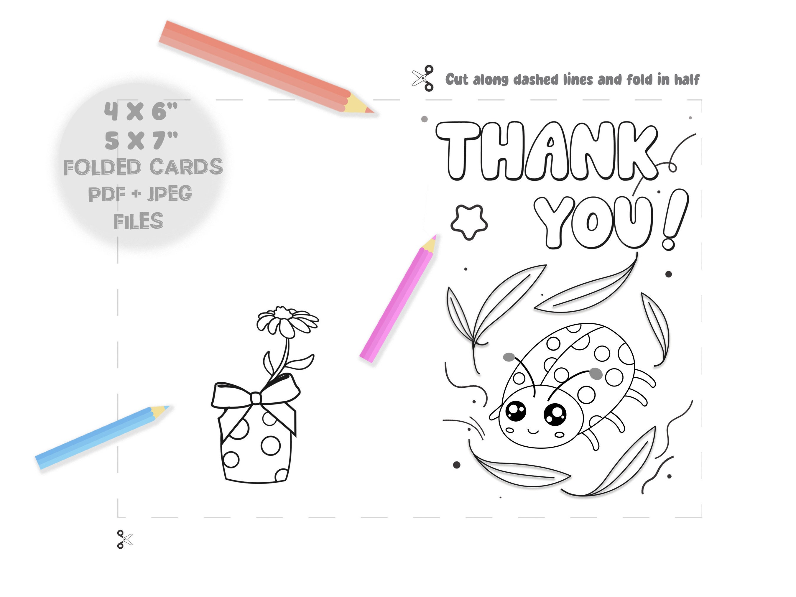 Digital Ladybug Thank You Coloring Card, Kid Coloring Greeting Card ...