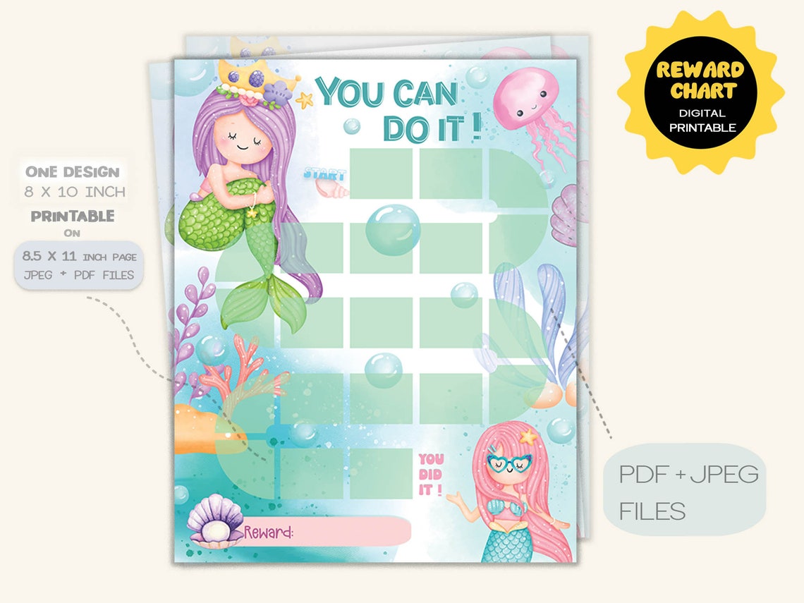 Printable Mermaid Reward Chart, Princess Behavior Chart, Kids Daily ...